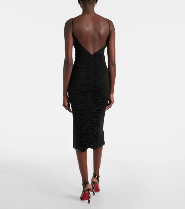 MUGLER Ruched Mesh Midi Dress - Black
