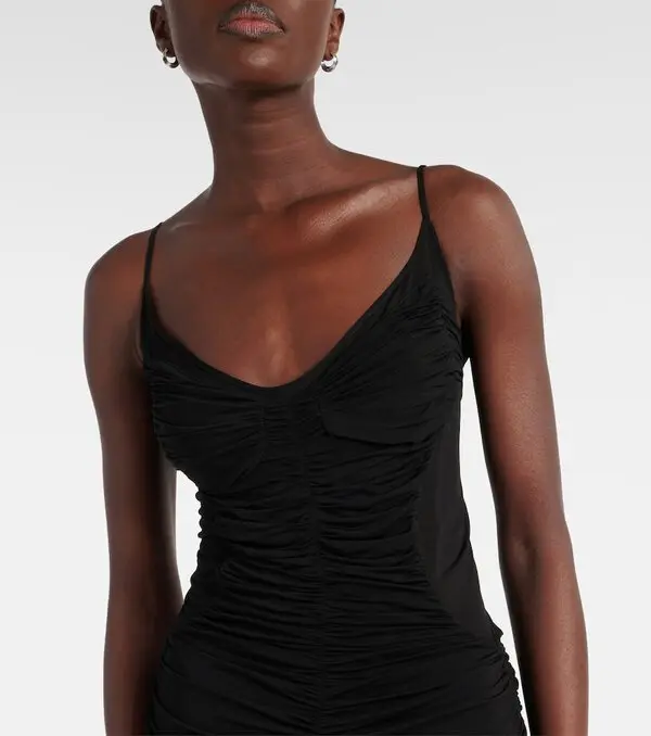 MUGLER Ruched Mesh Midi Dress - Black