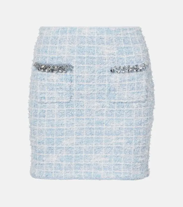SELF-PORTRAIT Checked Embellished Tweed Miniskirt - Blue