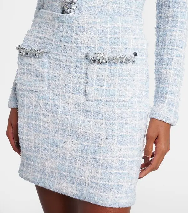 SELF-PORTRAIT Checked Embellished Tweed Miniskirt - Blue