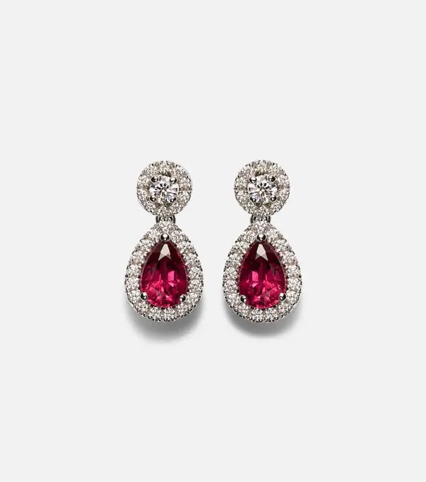 BUCHERER FINE JEWELLERY 18kt White Gold Drop Earrings With Rubies And Diamonds - Silver