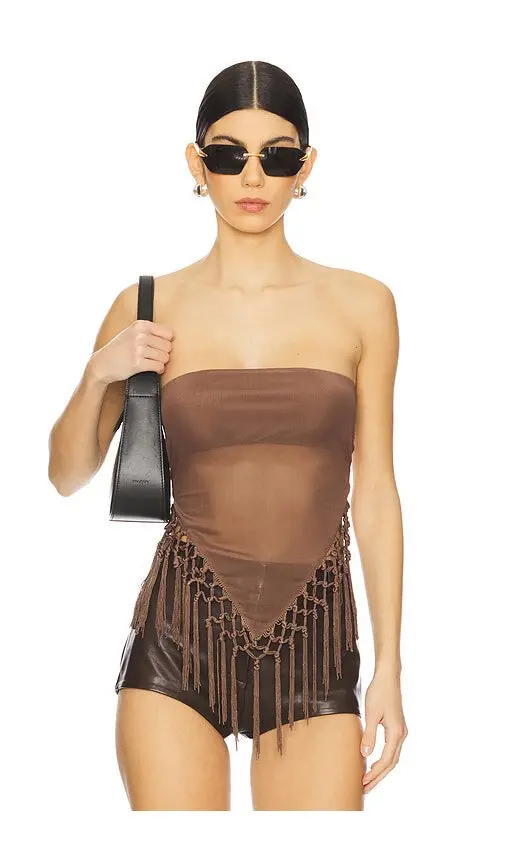 MORE TO COME Shion Top In Mesh With Fringe Detail - Brown