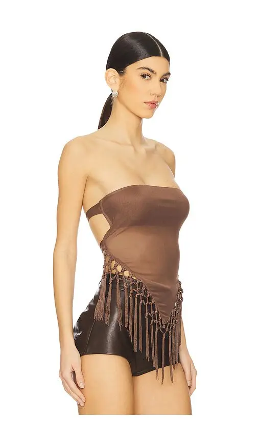 MORE TO COME Shion Top Semi-sheer Mesh With Fringe Hem - Brown