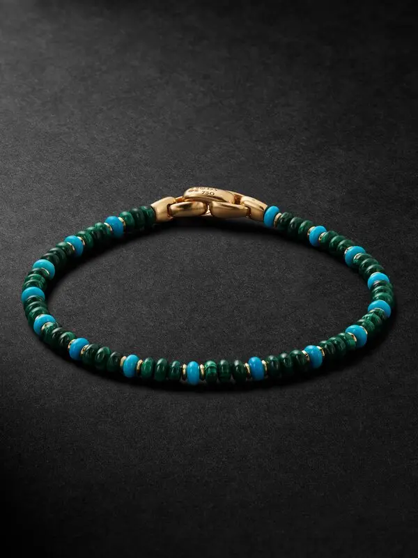 David Yurman 18k Gold, Malachite And Turquoise Beaded Bracelet - Blue