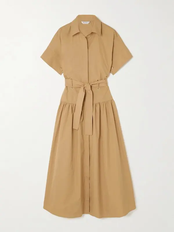 Max Mara Agoraio Belted Eyelet-embellished Cotton-poplin Midi Shirt Dress - Brown