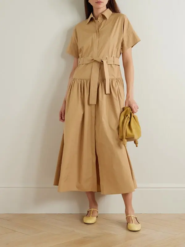 Max Mara Agoraio Belted Eyelet-embellished Cotton-poplin Midi Shirt Dress - Brown