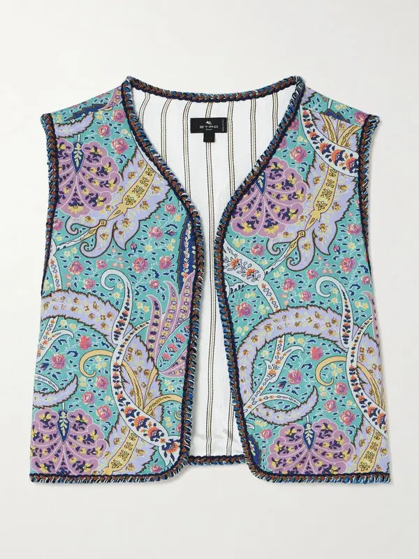 Etro Cropped Embroidered Denim Vest - Blue