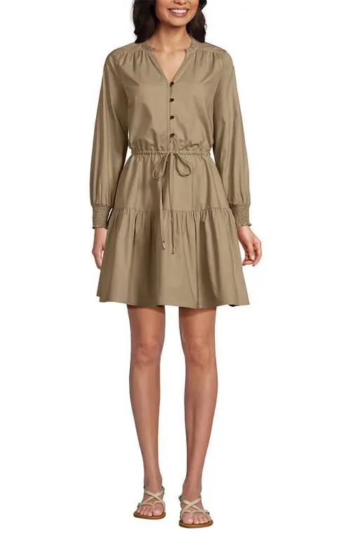 LANDS' END Long Sleeve Cotton Poplin Mini Popover Dress - Desert Tan |  Editorialist