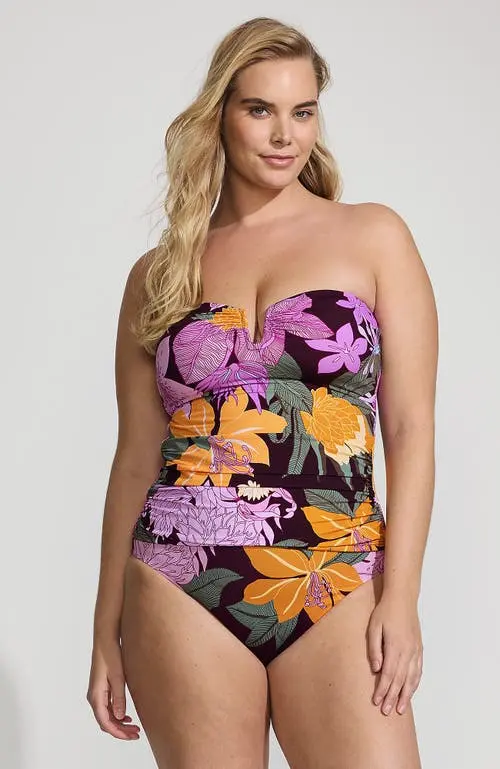 LANDS' END D-cup Slender Suit Tankini Top - Dark Wine Multi Floral Blooms
