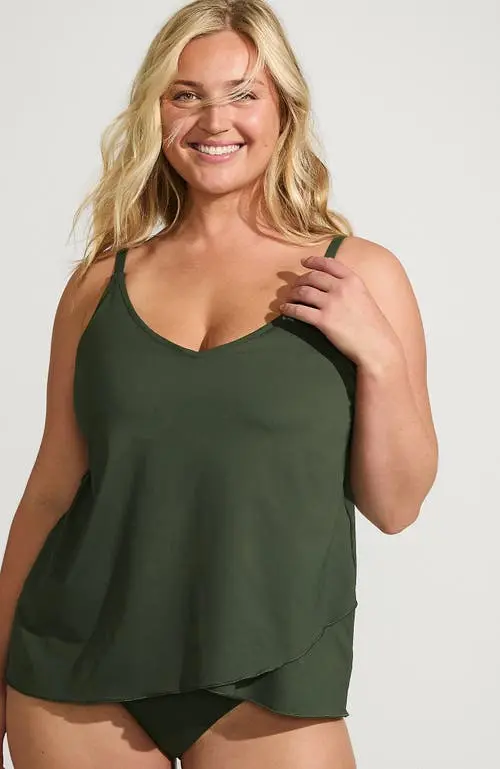 LANDS' END Chlorine Resistant V-neck Tankini Swimsuit Top - Rich Olive Green