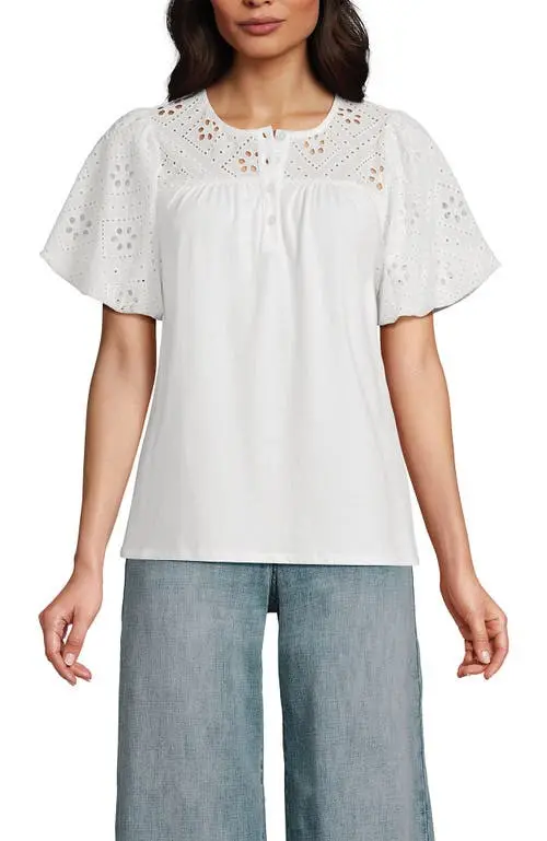 LANDS' END Eyelet Crew Puff Sleeve Top - White