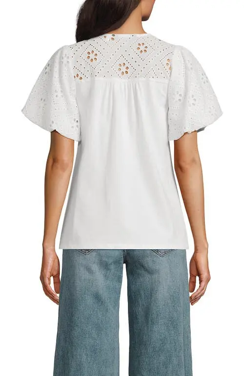 LANDS' END Eyelet Crew Puff Sleeve Top - White