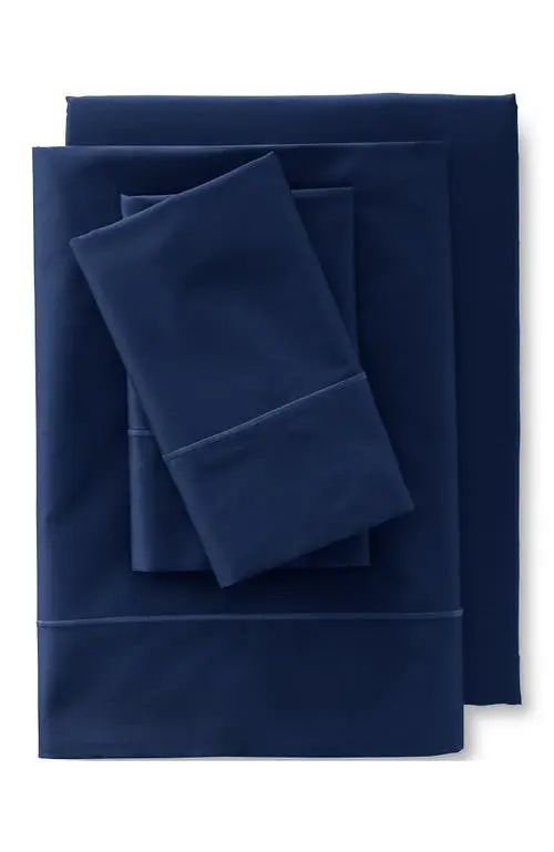 LANDS' END 400 Thread Count Premium Supima Cotton No Iron Sateen Bed Sheet Set - Deep Sea Navy