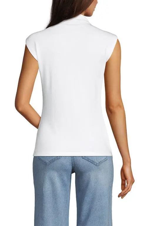 LANDS' END Cap Sleeve Drapey Rib Fitted Funnel Neck Tank - White