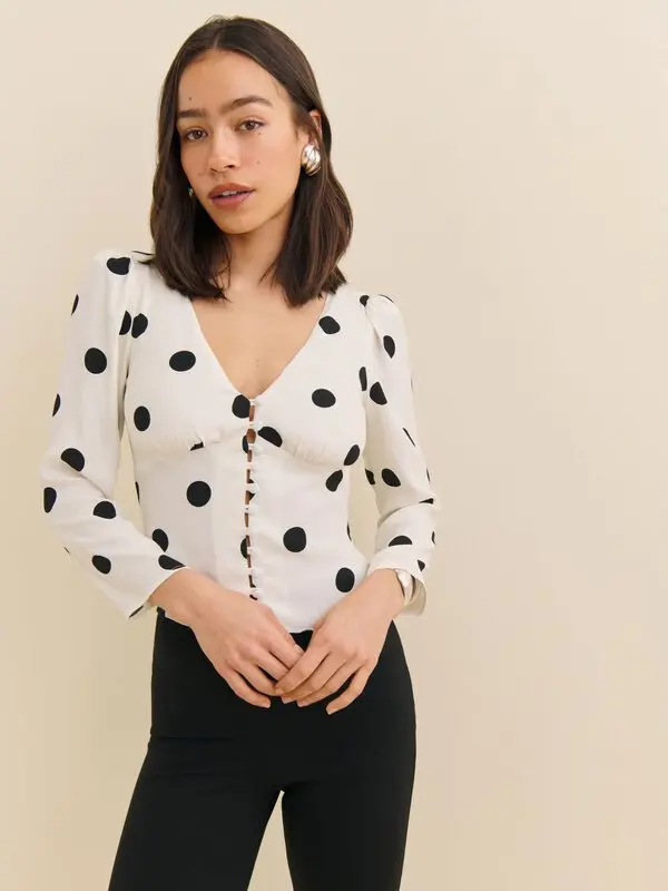 REFORMATION Drina Long Sleeve V-neck Button Up Top