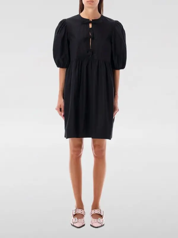 GANNI Cotton Dress With Puff Sleeves - Black
