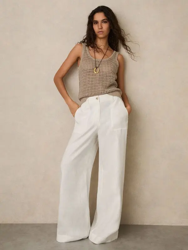 REISS Ashby Linen Wide-leg Trousers - White