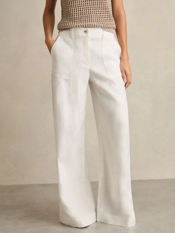 REISS Ashby Linen Wide-leg Trousers - White