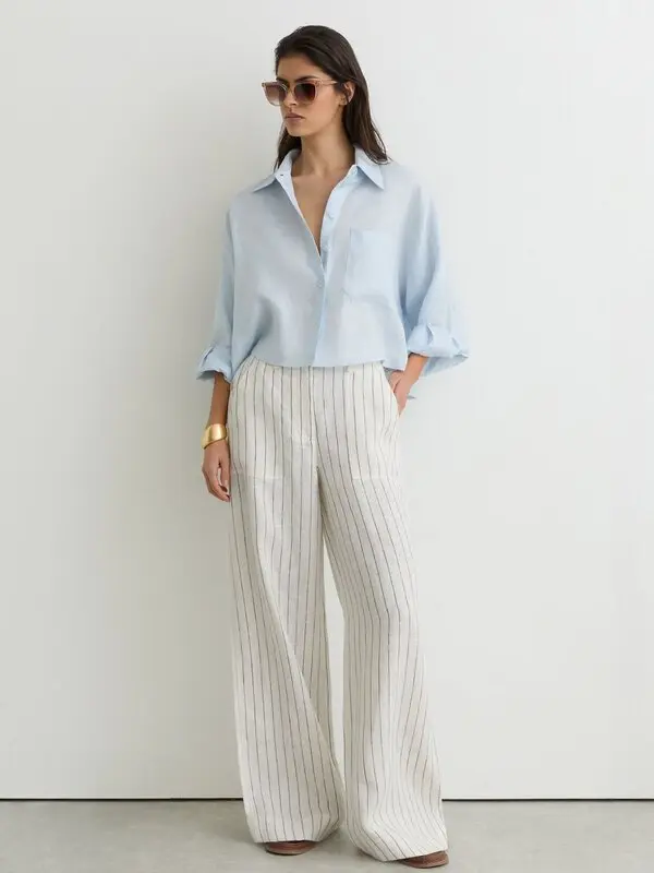 REISS Ashby Linen Wide Leg Trousers - White/navy