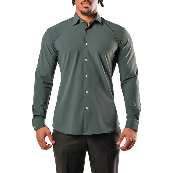 MACEOO Fibonacci Micropattern Stretch Cotton Blend Button-up Shirt - Green