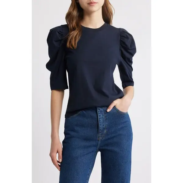 FRAME The Drape Puff Sleeve Organic Cotton Top - Navy