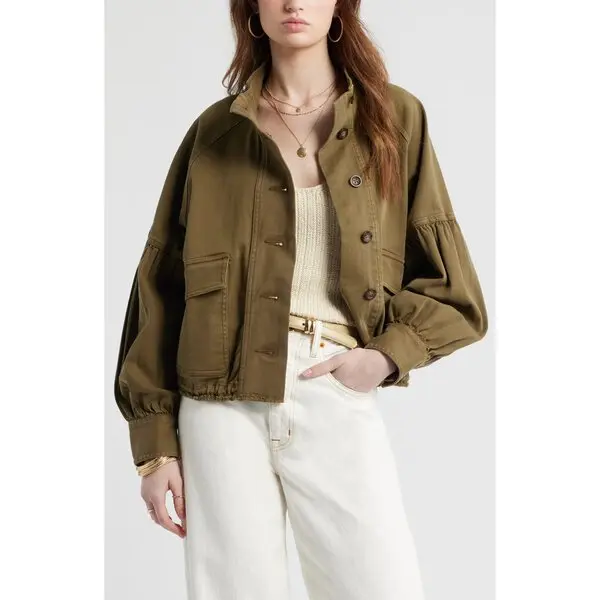 Treasure & Bond Blouson Sleeve Twill Utility Jacket - Olive Dark