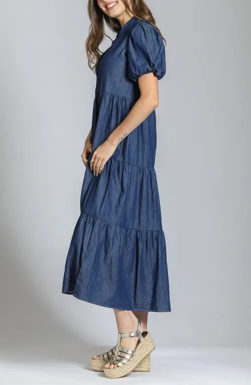APNY Puff Sleeve Tiered Denim Maxi Dress