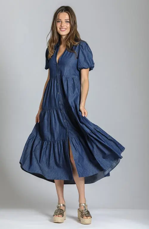 APNY Puff Sleeve Tiered Denim Maxi Dress
