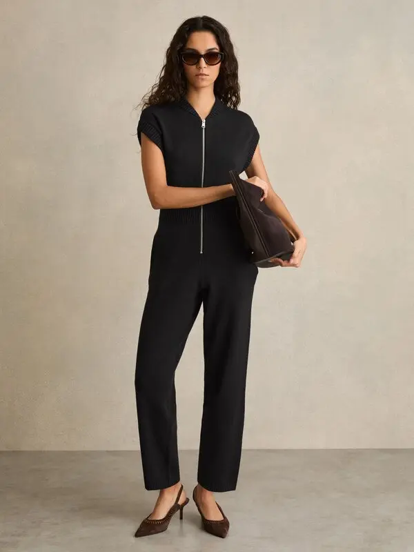 REISS Nellie Cotton Knit Zip-front Jumpsuit - Black