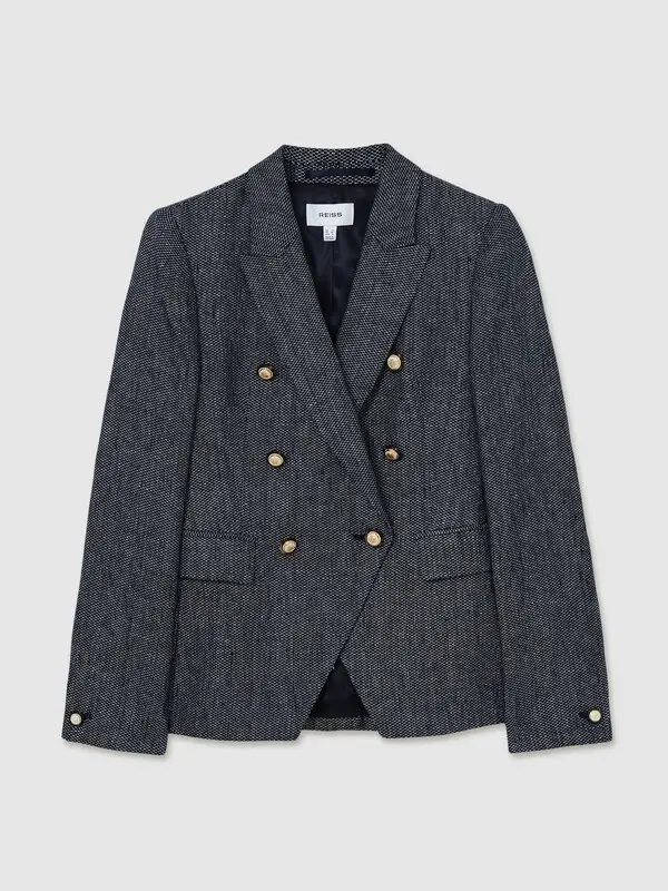 REISS Baker Linen-cotton Double-breasted Blazer - Navy