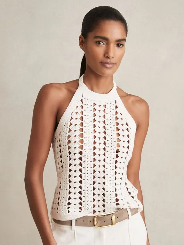 REISS Cally Cotton Crochet Halterneck Top