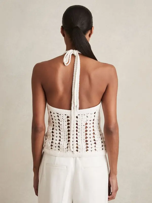 REISS Cally Cotton Crochet Halterneck Top