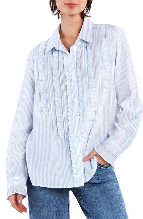 WASH LAB DENIM Ruffle Stripe Tuxedo Shirt - Blue Stripes