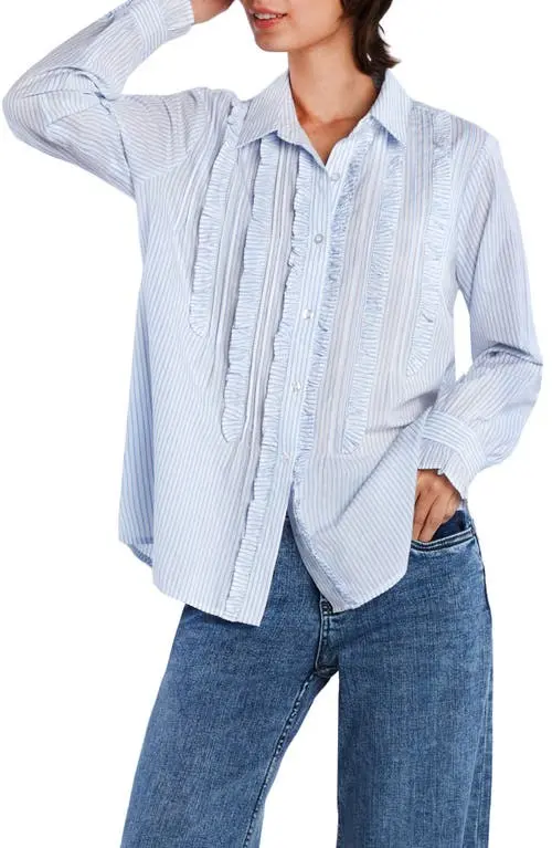 WASH LAB DENIM Ruffle Stripe Tuxedo Shirt - Blue Stripes