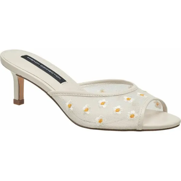 French Connection Nancy Mesh Embroidered Floral Kitten Heel Slip On Sandals