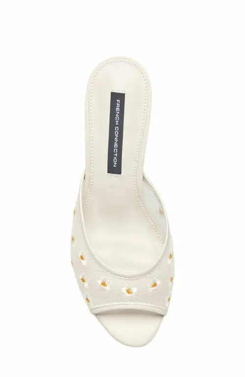 French Connection Nancy Mesh Embroidered Floral Kitten Heel Slip On Sandals