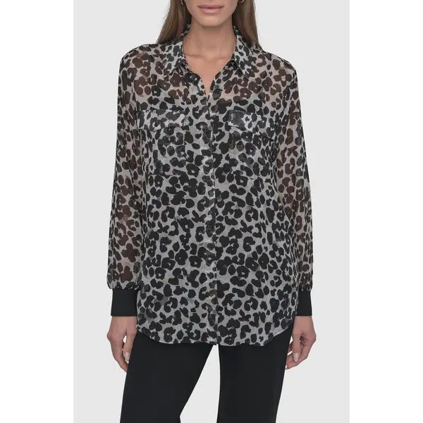 Dkny Print Chiffon Tunic Shirt - Spring Animal Ivory