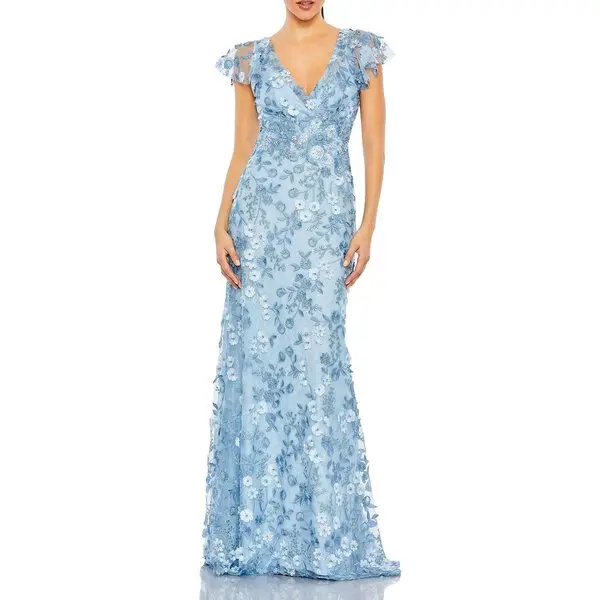 Mac Duggal Embroidered Applique Flutter Sleeve Gown - Blue