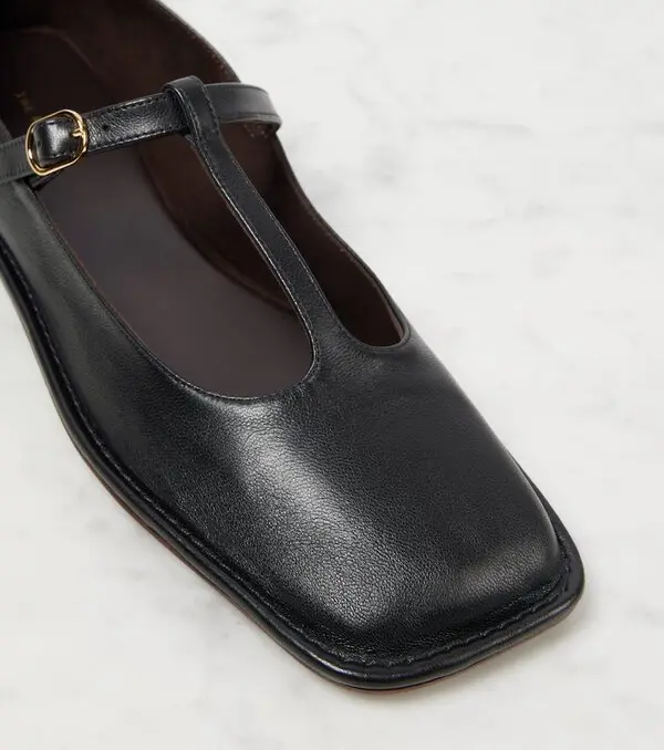 THE ROW Square T-strap Leather Flats - Black