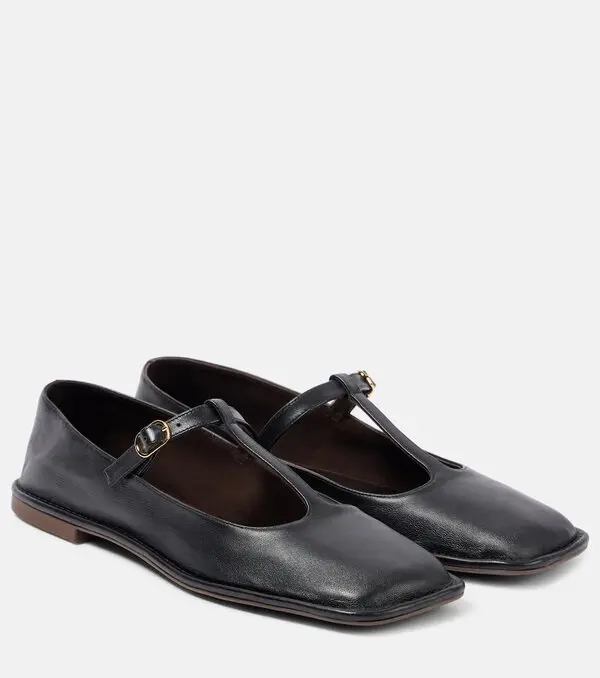 THE ROW Square T-strap Leather Flats - Black