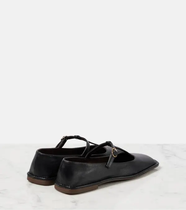 THE ROW Square T-strap Leather Flats - Black