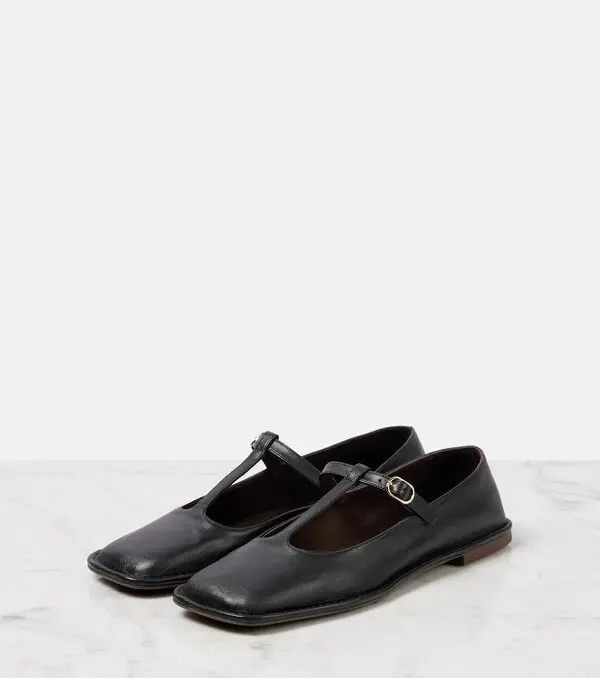THE ROW Square T-strap Leather Flats - Black