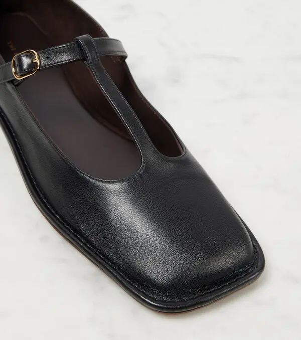 THE ROW Square T-strap Leather Flats - Black