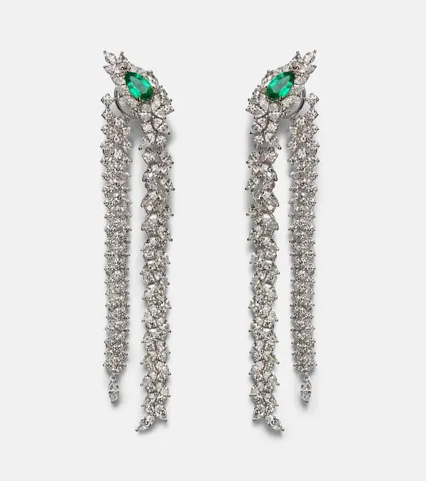 Yeprem 18kt White Gold Diamond And Emerald Dangle Earrings - Silver