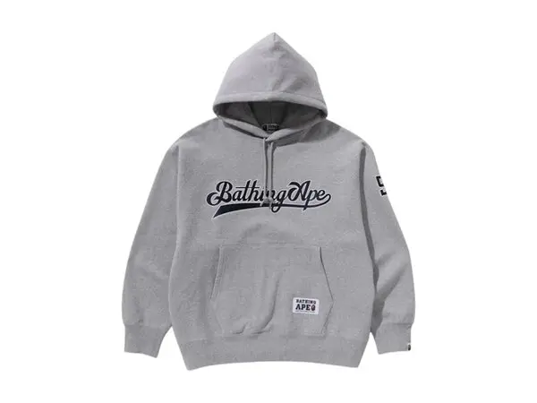 A BATHING APE Baseball Logo Relaxed Fit Pullover Hoodie - Grey