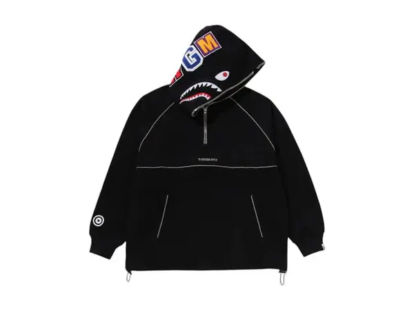A BATHING APE Shark Logo Half Zip Pullover Hoodie - Black