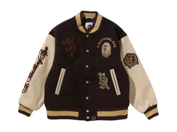 A BATHING APE Line Camo Logo Varsity Jacket - Brown