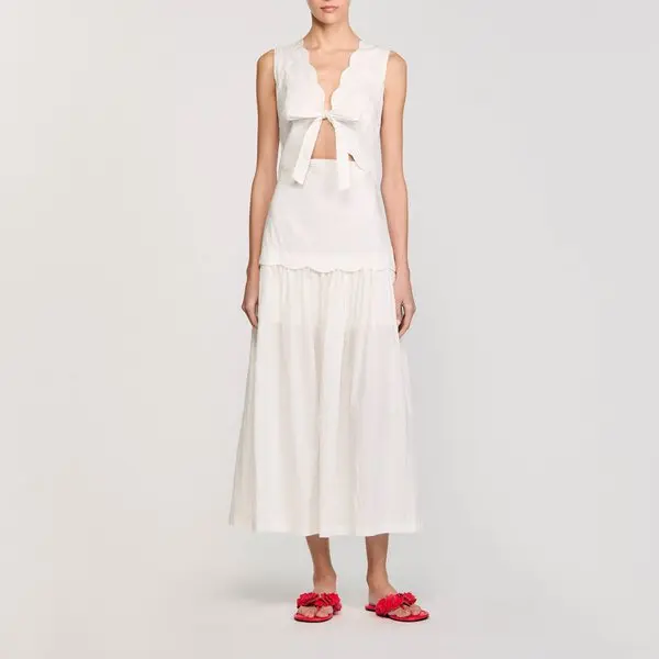 Sandro Crinkled Maxi Dress With Bow - Ecru