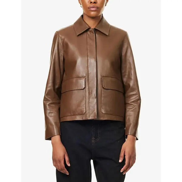 Theory Boxy Relaxed-Fit Leather Jacket - Clove | Editorialist