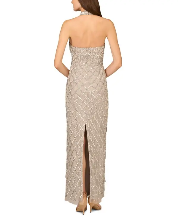 Aidan Mattox Beaded Halter Gown Silver Editorialist